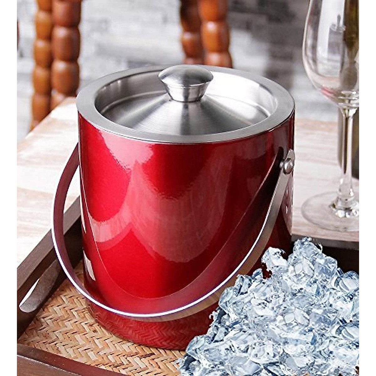 King International Stainless Steel Double Walled Insulated Red Ice Bucket with Lid & Handle, 1.75 LTR 84 Quarts, Ice Tong, Keeps Ice Cold for 6 Hours, Bar Tools for Home Bar Accessories, Mini Bar