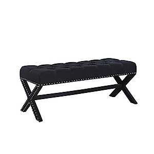 Iconic Home Dalit Updated Neo Traditional Polished Nailhead Tufted Linen X Bench, Black