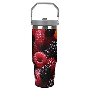 Black And Red Fruits Tumbler 30oz Large Capacity Car Cup with Handle Fit in Any Car Cup Holder Stainless Steel Leakproof Insulated Coffee Tumblers with Lid And Straw