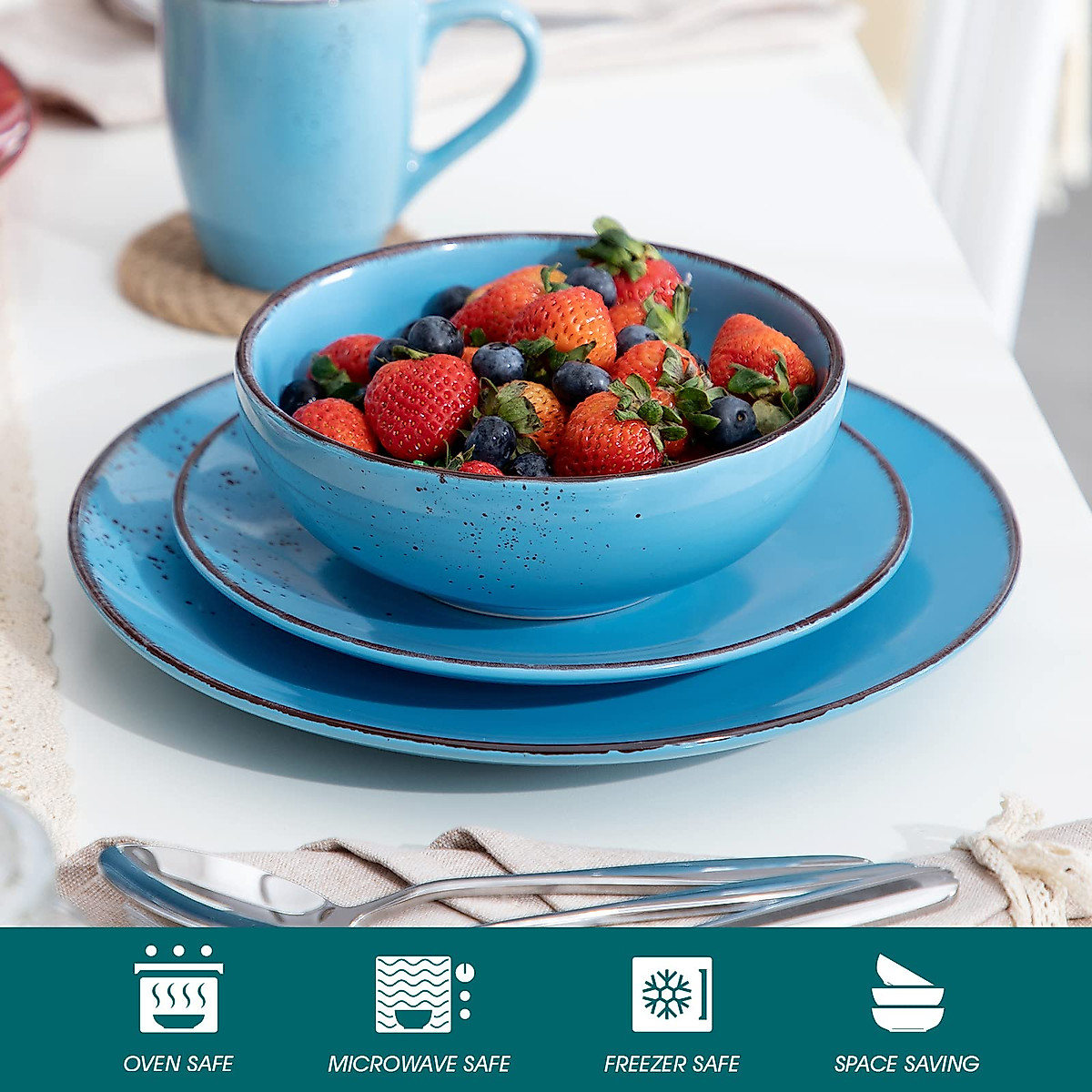 vancasso Navia Dinnerware Set 16 pieces Colorful Set for 4 Stoneware Spray Spot Patterned Service Dish with Dinner Plates, Salad Plates, Bowls, Mugs - Colorful