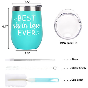 Lifecapido Sister in Law Gifts, Best Sis in Law Ever Wine Tumbler, Mothers Day Christmas Birthday Gifts for Sister in Law Women Bride, 12Oz Stainless Steel Insulated Wine Tumbler with Lid, Mint
