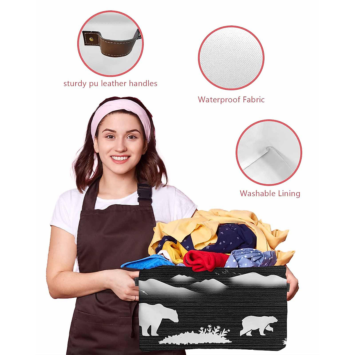 Bear Black Cube Storage Organizer Bins with Handles 2 Packs 15x11x9.5 Inch Collapsible Canvas Cloth Fabric Storage Basket for Shelves,Closet Forest Animal Tree Birds Abstract Mountain White