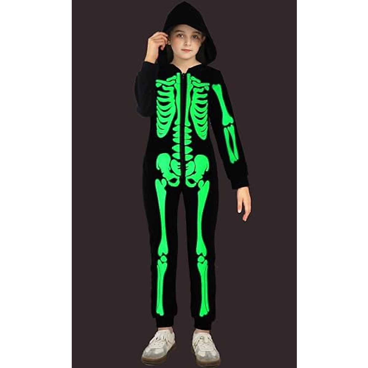 Bordazor Kids Skeleton Costume Glow in The Dark One-Piece Skeleton Hoodie for Halloween (8-10 Years)