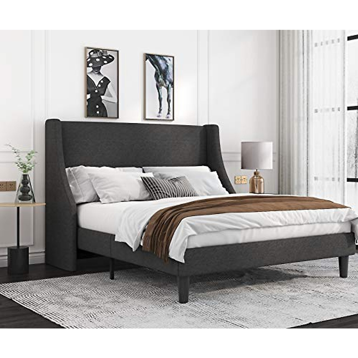 Allewie Queen Bed Frame, Platform Bed Frame Queen Size with Upholstered Headboard, Modern Deluxe Wingback, Wood Slat Support, Mattress Foundation, Dark Grey