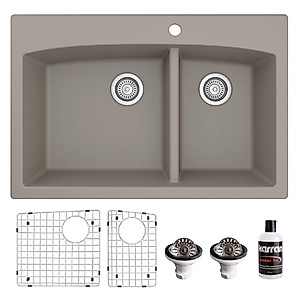 Karran QT-711 Drop-In Quartz Composite 33 in. 1-Hole 60/40 Double Bowl Kitchen Sink Kit in Concrete