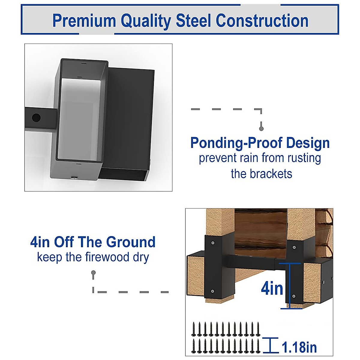 Artibear Depth Adjustable Firewood Rack Brackets for Outdoor, 2x4 Wood Storage Holder Kit for Indoor Fireplace, 2 Packs (2x4s not Include)
