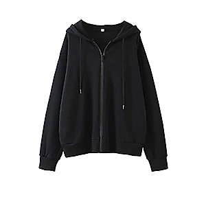 MISSACTIVER Women’s Vintage Solid Drawstring Hoodies Zip Up Oversized E-girl 90s Sweatshirt Basic Jacket With Pockets Black