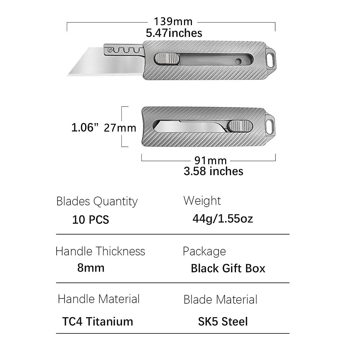 ainhue A358 Retractable Blade Utility Knife, 10pcs Replaceable Blades, 3.58 inches Titanium Handles Pocket Clip, Heavy Duty Box Cardboard Cutter