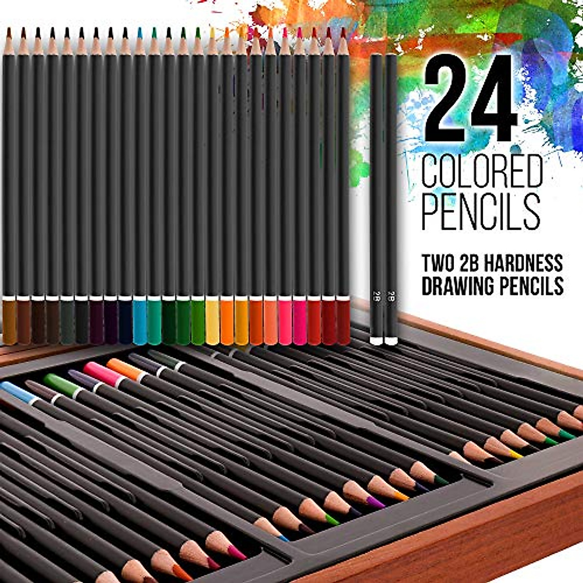 U.S. Art Supply 102-Piece Deluxe Art Creativity Set with Wooden Case - Artist Painting, Sketching and Drawing Set, 24 Watercolor Paint Colors, 17 Brushes, 24 Colored Pencils, Sketch & Painting Pads