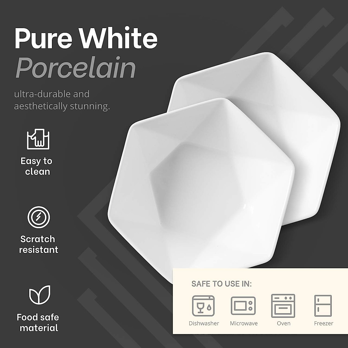 MITBAK 20 Ounce Bone China Soup Bowls | Set of 6 Diamond Shaped White Serving Bowl Plates For Soup, Ramen, Cereal, Pasta, Fruit, Pho, Salad, Dessert | Decorative Bowls Make Excellent Gift Idea