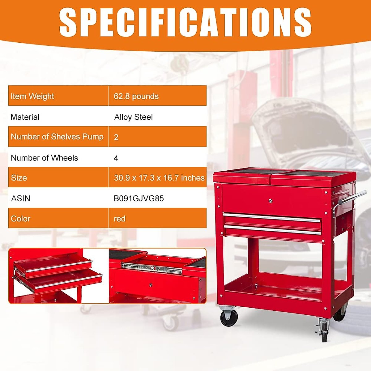 HPDMC Steel Tool Service Utility Push Cart with Lockable Drawers & Sliding Top, 27.8" L x 14.6" W x 32.7" H, 212 lbs Loading Capacity, 2-Drawer Garage Workshop Rolling Storage Tool Chest