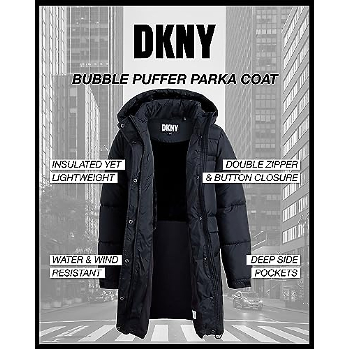 DKNY Girls’ Winter Jacket – Full Length Heavyweight Quilted Puffer Parka – Insulated Water Resistant Coat for Girls (7-16), Size 10-12, Raven Black