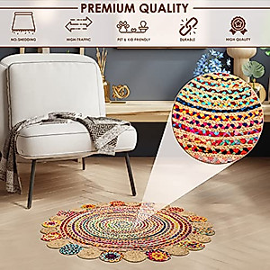 NAQSH Handwoven Cotton Jute Area Rug - 3 Feet Round Multicolor Handmade Reversible Braided Rag Rug (3 Feet, Multi Fancy Jute+Cotton)