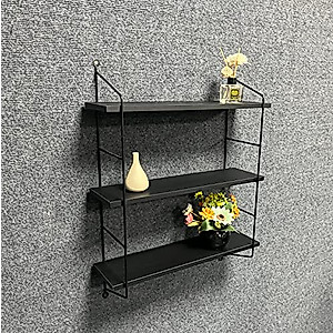 Abrihome® Hanging Wall Wood Shelf, 3 Tier Floating Wall Shelves with Metal Bracket Storage Plant Shelves Decor for Kitchen Bathroom Living Room Bedroom Office(Black)