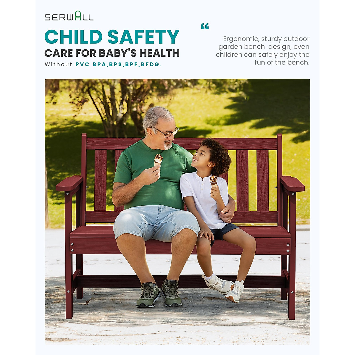 SERWALL Outdoor Bench, HDPE Outdoor Benches Weatherproof, 2-Person Garden Bench with 660 lbs Weight Capacity, Patio Benches for Outdoors, Garden, Porch, Backyard and Park, Red