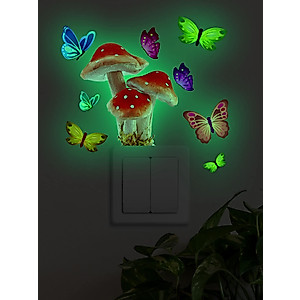 Glow in The Dark Mushroom Butterfly Wall Sticker Luminous Cartoon Flying Butterflies Light Switch Decals for Girls Bedroom Nursery Living Room Classroom Ceiling Decor Kids Gift