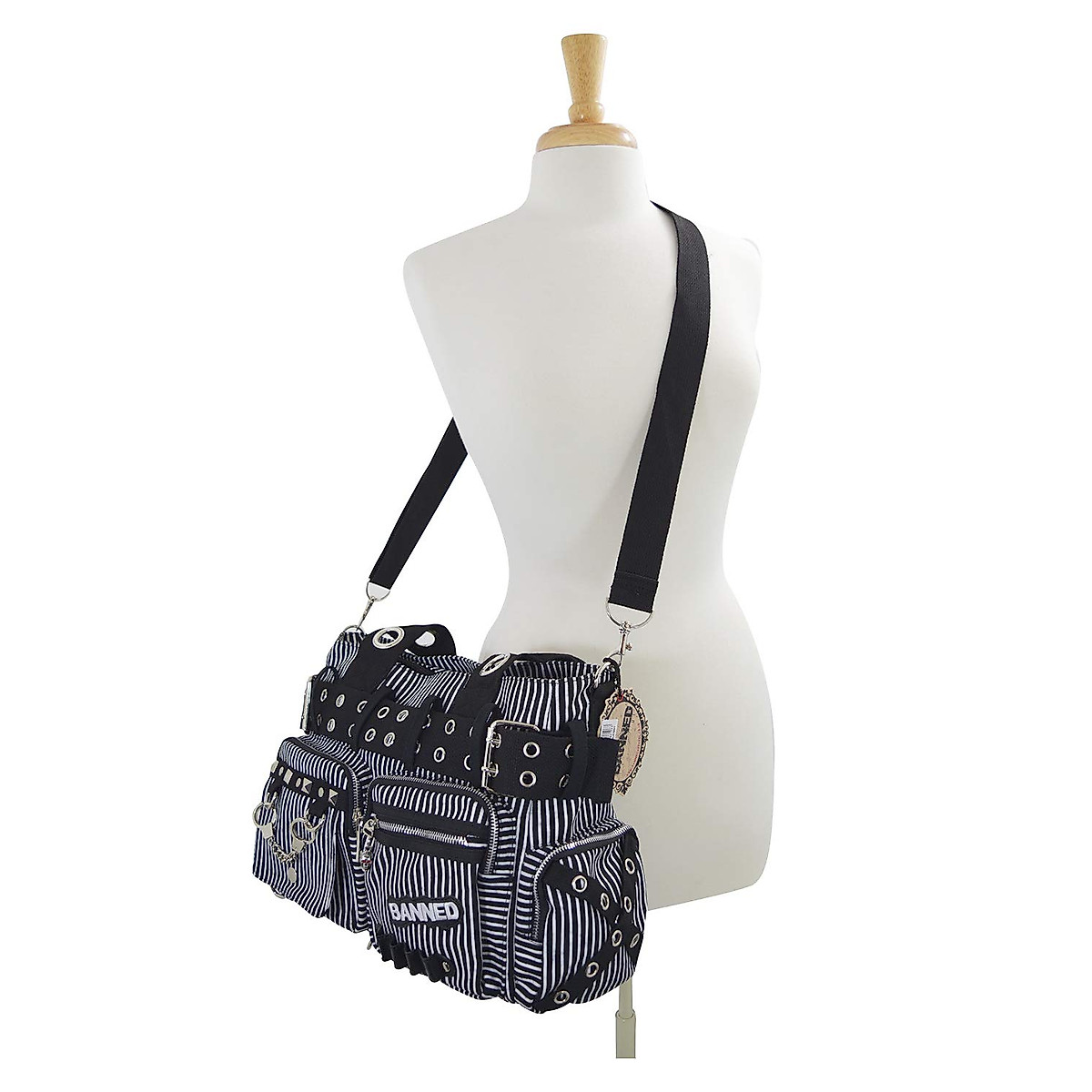 Lost Queen Striped Punk Rock Steampunk Purse with Handcuff Skull Charm (White), Medium