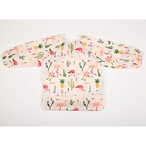 Sigzagor Baby Bib Sleeved Shirt with Pocket 1-3 Years Old Toddler Painting for Girls (Flamingo Cactus)