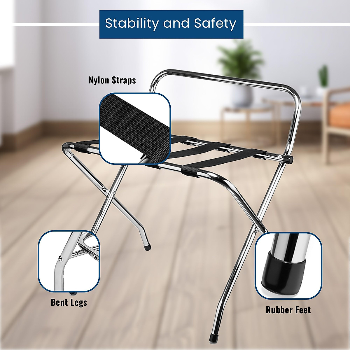USTECH Luggage Rack-Single Tier with High Back, Pack of 1, Chrome, Self Asssembly, Foldable Rack for Guest Room