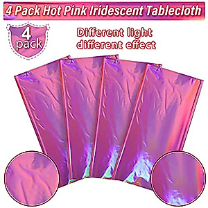 4 Pack Hot Pink Iridescence Plastic Tablecloths Shiny Disposable Laser Rectangle Table Covers Holographic Foil Tablecloth Party Decorations Birthday Bridal Wedding Christmas, 54 x 108 Inch