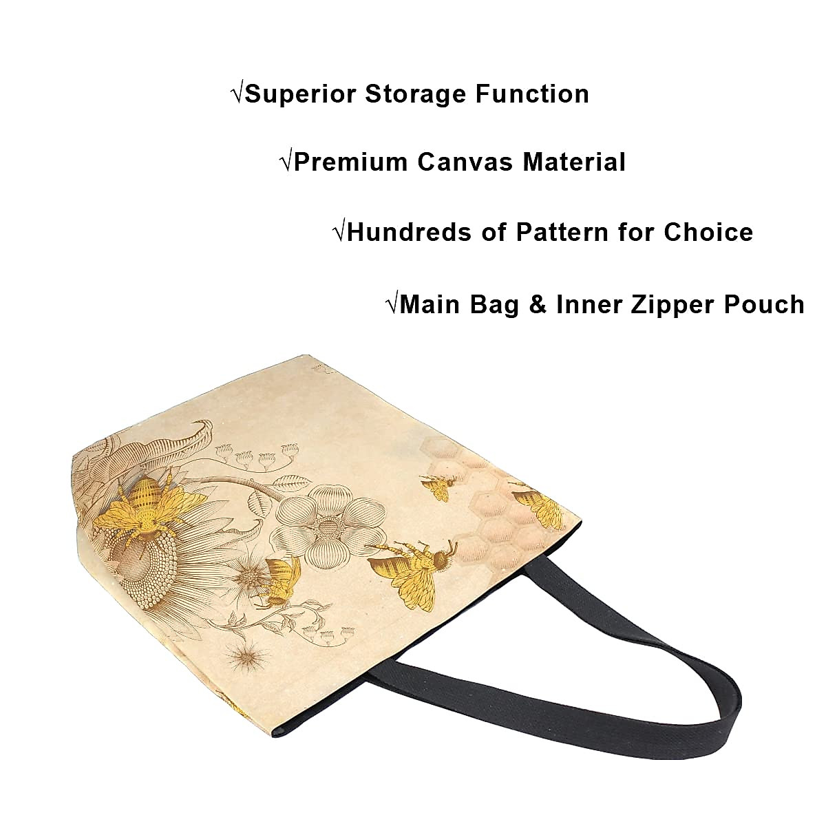 ALAZA Sunflower Bee Retro Large Canvas Tote Bag Shopping Shoulder Handbag with Small Zippered Pocket