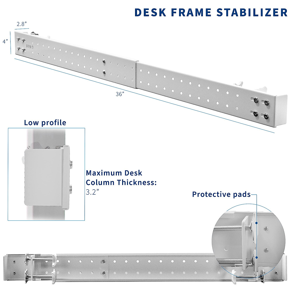 VIVO Universal Steel Clamp-on Desk Stabilizer Bar, 36 to 61.6 inch Bracket Support System for Sit to Stand Desk Frames, White, DESK-STB01W
