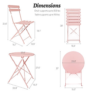 LUMISOL 3 Piece Folding Patio Bistro Set, Premium Steel Patio Furniture Sets, Foldable Patio Table and Chairs Set with Removable Cushions for Patio, Backyard, Balcony, Poolside, Pink