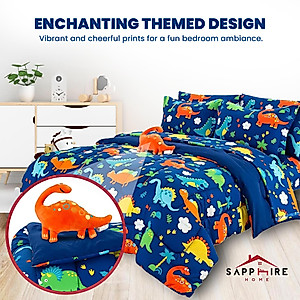Sapphire Home 6 Piece Dinosaur Twin Bedding Set for Boys, Bed in a Bag, Kids Comforter Set with Bed Sheets, Pillow Case, Toy Pillow, Toddler Bedroom Kit, Dinosaur Room Decor for Boys, Twin Size