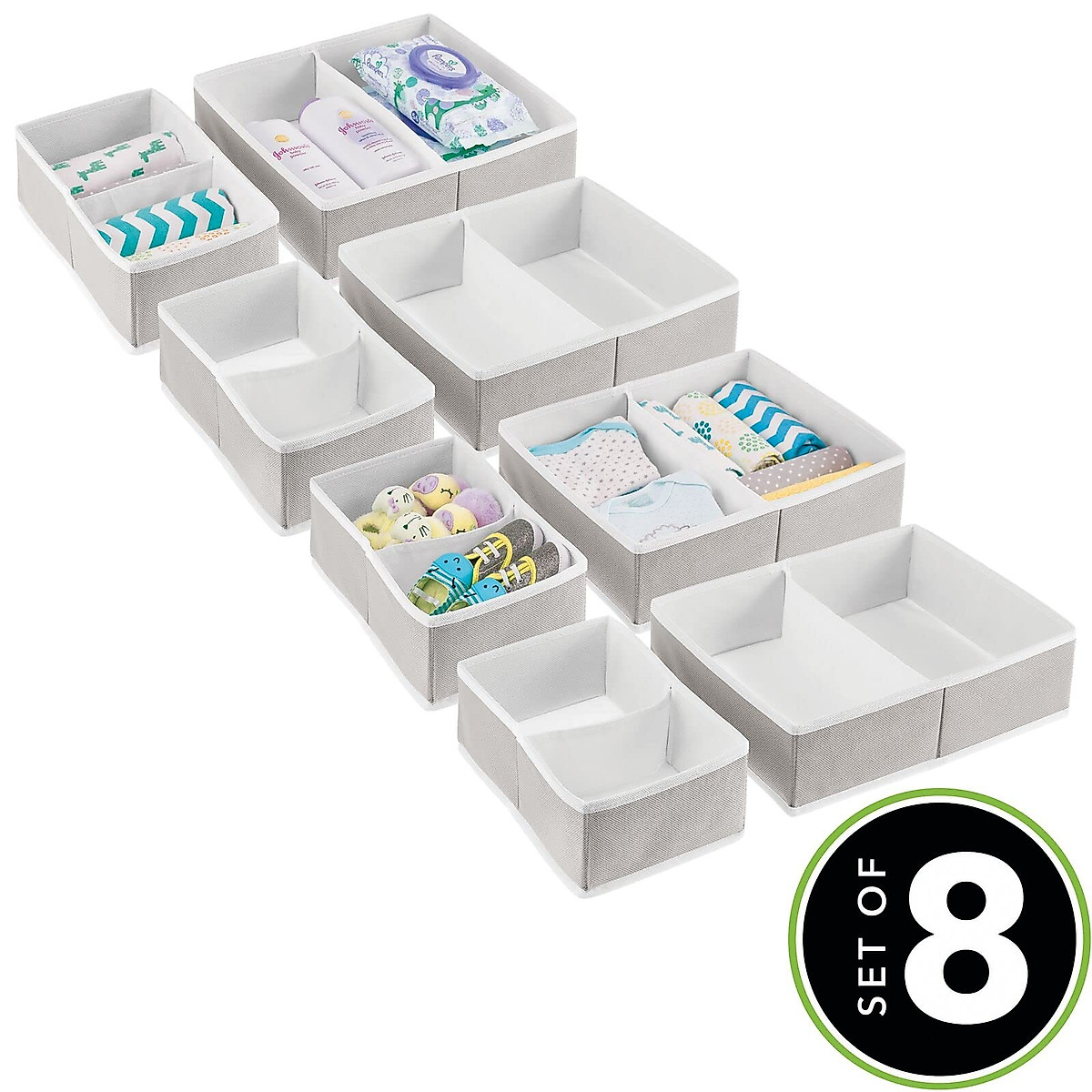 mDesign Fabric Drawer Organizer Bins, Kids/Baby Nursery Dresser, Closet, Shelf, Playroom Organization, Hold Clothes, Toys, Diapers, Blankets, Jane Collection, Set of 2, 4 Pack, Light Gray/White