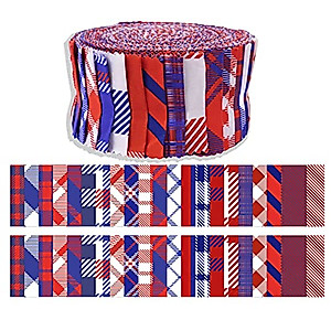 Soimoi 40Pcs Check & Tartan Print Cotton Precut Fabrics for Quilting Craft Strips 2.5x42inches Jelly Roll - Red, Blue & White