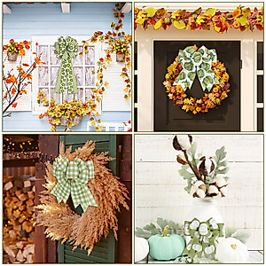 Whaline Fall Green Pumpkin Wired Edge Ribbon 30 Yards Farmhouse Rustic Autumn Thanksgiving Harvest Fabric Ribbon Welcome Plaids Polka Dots Craft Ribbon for Wreath Floral Bow DIY Crafts, 5 Roll