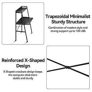It's_Organized Computer Ladder Desk with Shelves, 43" for Small Spaces Saving Home Office Bedroom Workstation PC Laptop Study Writing Gaming Table with Storage Shelf Bookshelf Modern Black Metal Frame