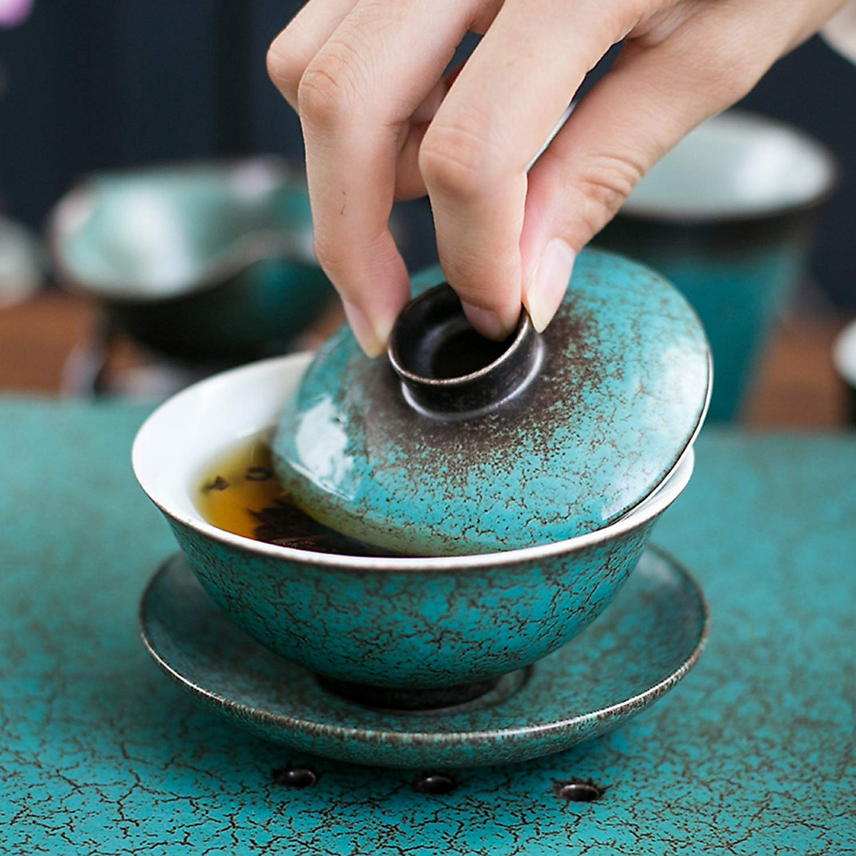 DehuaYao Chinese Traditional Green Porcelain Gaiwan ceramic Tea Cup（Tea Cup Comprised of Cup, Saucer and Lid ）