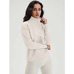 DEEP SELF Women's Pullover Sweaters 1/4 Zip Long Sleeve V Neck Stand Collared Casual Fall Sweater (Solid White, Small)
