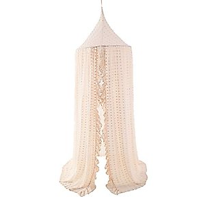Wonder Space Elegant Kids Bed Canopy - Lace Chiffon Netting with Pom Pom, Princess Girls Fairy Dream Tent, Nursery Room Baby Crib Hanging Curtain Mosquito Net Children Reading Nook Decoration (Beige)