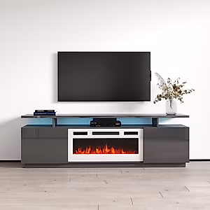 Eva-KWH Fireplace TV Stand for TVs up to 80", Modern High Gloss 71" Entertainment Center, Electric Fireplace TV Media Console with Storage Cabinets and LED Lights