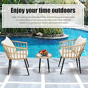 SoarFlash 3 Pieces Outdoor Wicker Bistro Set Rattan Conversation Set with Coffee Table, Patio Chair Set for Lawn, Garden,Backyard, Beige