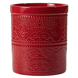 FUN ELEMENTS Kitchen Utensil Holder, 7.2" Super Large Utensil Crock Heavy and Stable Lace Emboss Ceramic Utensil Holder for Kitchen Counter (Christmas Red)
