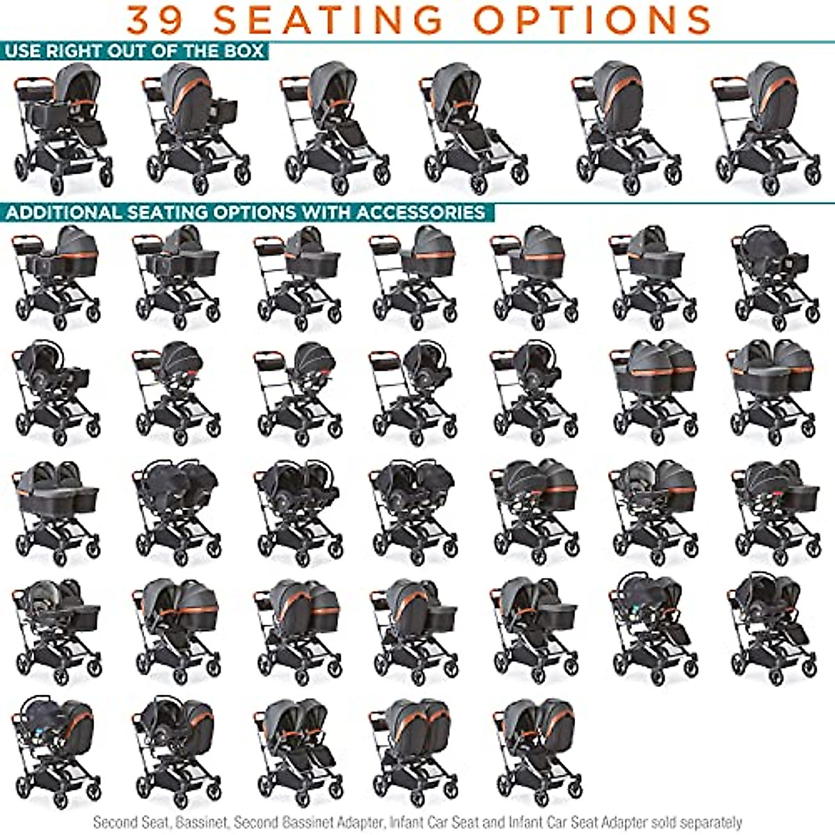 Contours Element Side-by-Side Convertible Toddler and Baby Stroller Single-to-Double, Reversible Seating Options, Infant Car Seat Compatibility, Spacious Storage, UPF 50+ Sun Canopy - Storm Gray