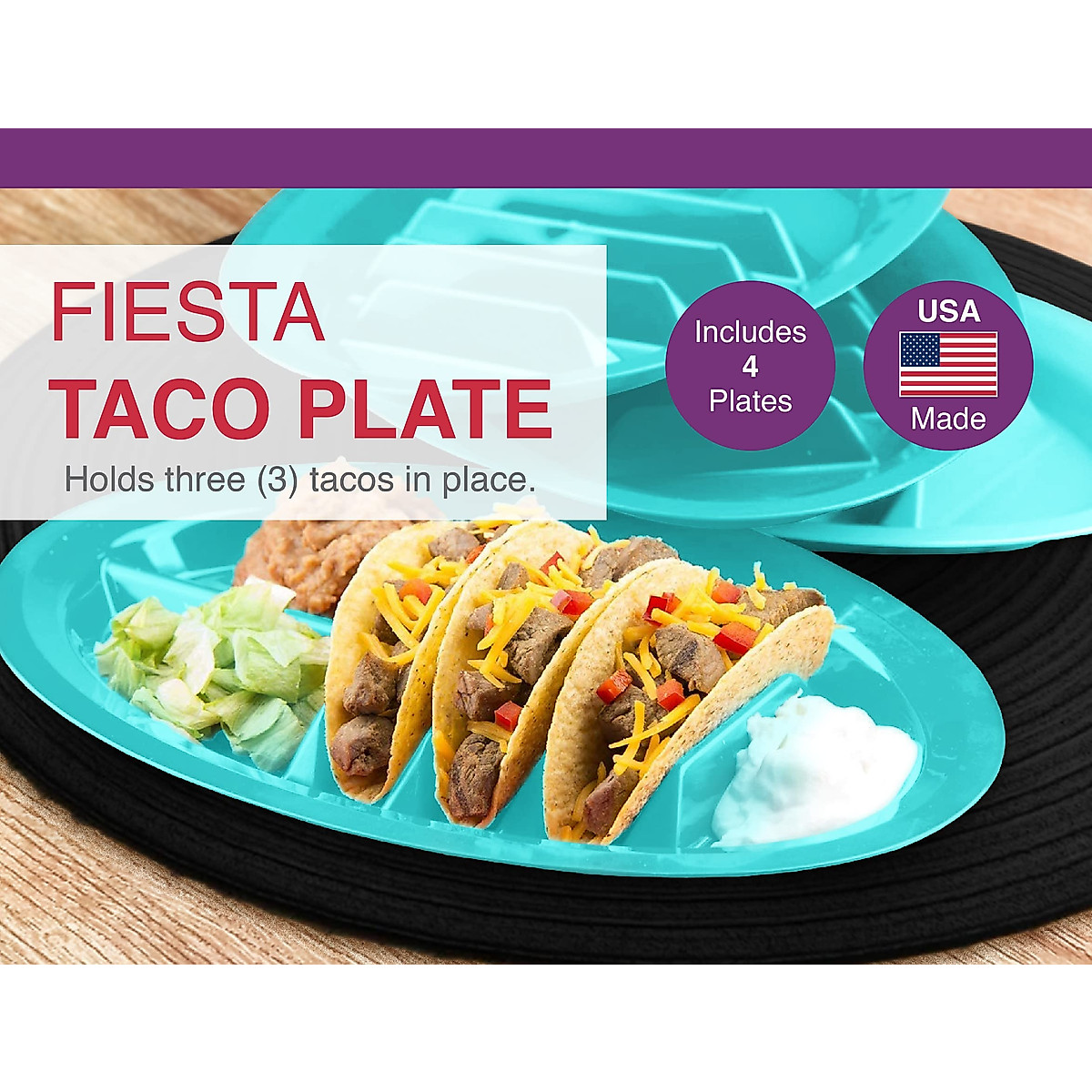 Arrow Home Products Fiesta Taco Plate, 4 Pack - Each Plate Includes 3 Taco Holders Plus 2 Compartments - BPA Free Plastic, Made in the USA, Dishwasher Safe - Teal Blue
