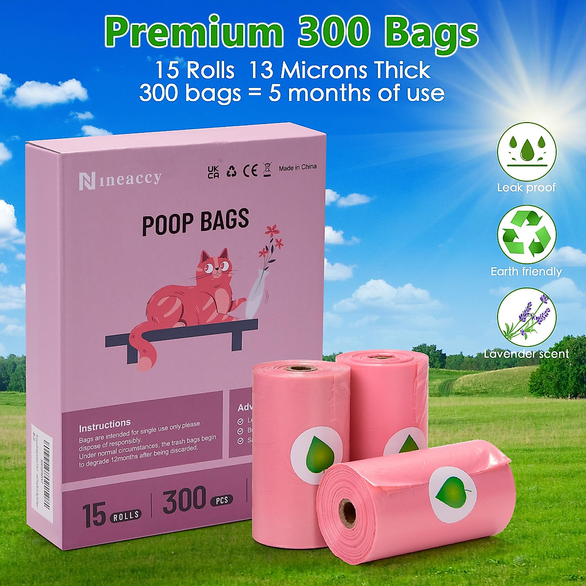 WDFAACK Biodegradable Pink Dog Poo Bags Lavender scent with Dispenser - 300 Large Poop Bags, Extra Thicken Strong Corn Starch Blended Compostable Leak Proof Poop Waste Bag for Dogs