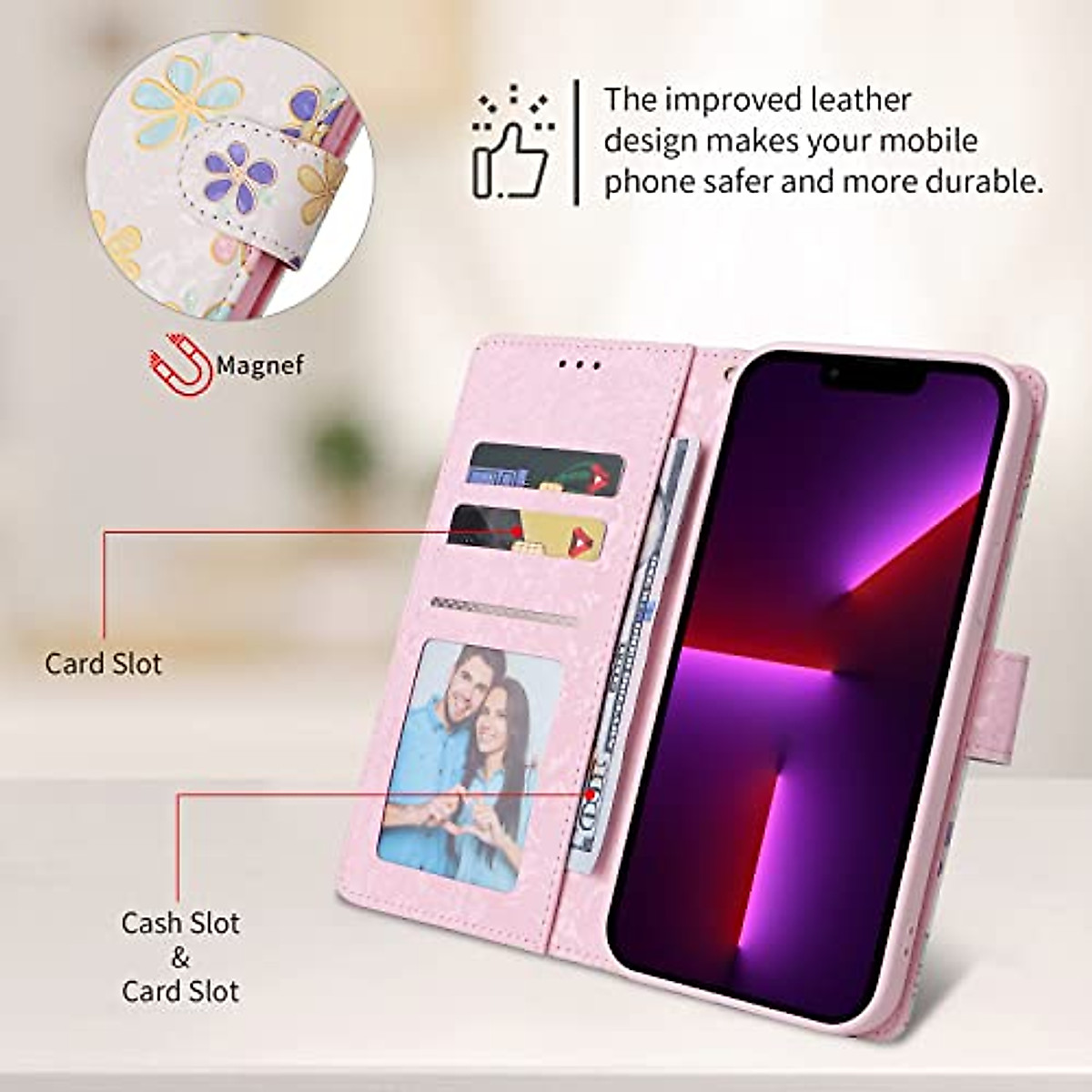 JGG iPhone 13 Pro Max Case Wallet 3D Flowers Blossoming Bronzing Shell Texture with RFID Blocking Magnetic Clasp Card Slot Holder Protective Shockproof Cover for iPhone 13 Pro Max Wallet Case