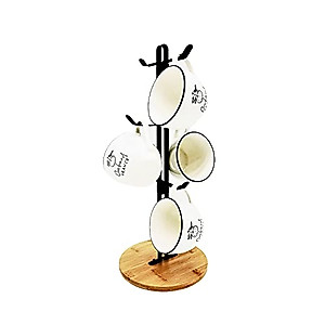 Countertop Mug Tree, 6 Mug Holder, Coffee & Tea Cup Storage Rack, Coffee Counter Bar Accessory & Kitchen Organizer- ShinYik Japanese Zakka Style with Bamboo Wood and Black Iron