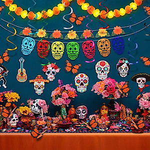 Hotop 39 Pcs Day of the Dead Decor Set Altar De Ofrendas Marigold Garland String Lights Dia De Los Muertos Table Runner Mexican Party Banners Skull Hanging Swirl Monarch Butterfly (Orange and Yellow)