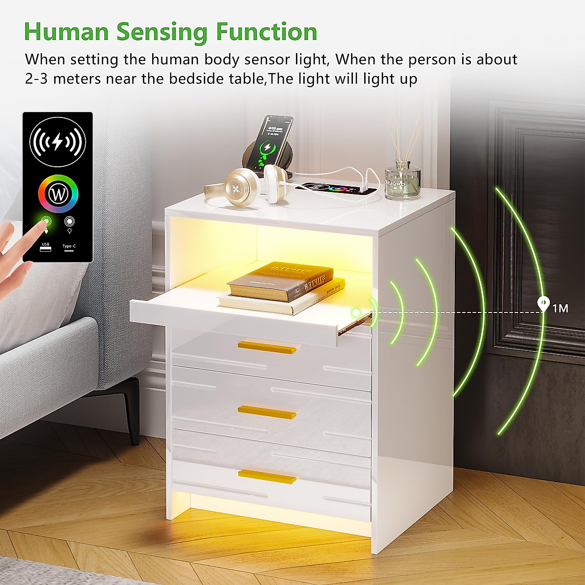 HNEBC RGB LED Nightstand with Wireless Charging Station, Smart Night Stand with 3 Drawers and Sliding Tray, Modern Bedside Table for Bedroom Furniture, High Gloss End Sofa Tables (White)