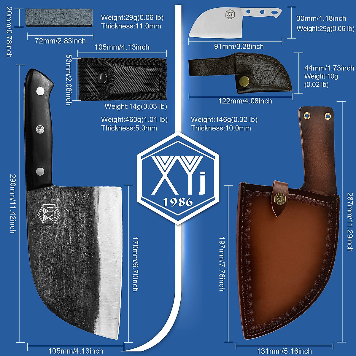 XYJ Kitchen Knife Set Paring Utility Santoku Slicing Bread Chef Knife Handmade Forged Butcher Knife With Carry Sheath Roll Bag Sharpener Rod Mini Whetstone