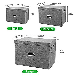 Valease Large Linen Collapsible Storage Bins with Removable Lids and Handles, Washable Storage Box Containers Baskets Cube with Cover for Bedroom,Closet,Office,Living Room,Nursery (Grey, Large)