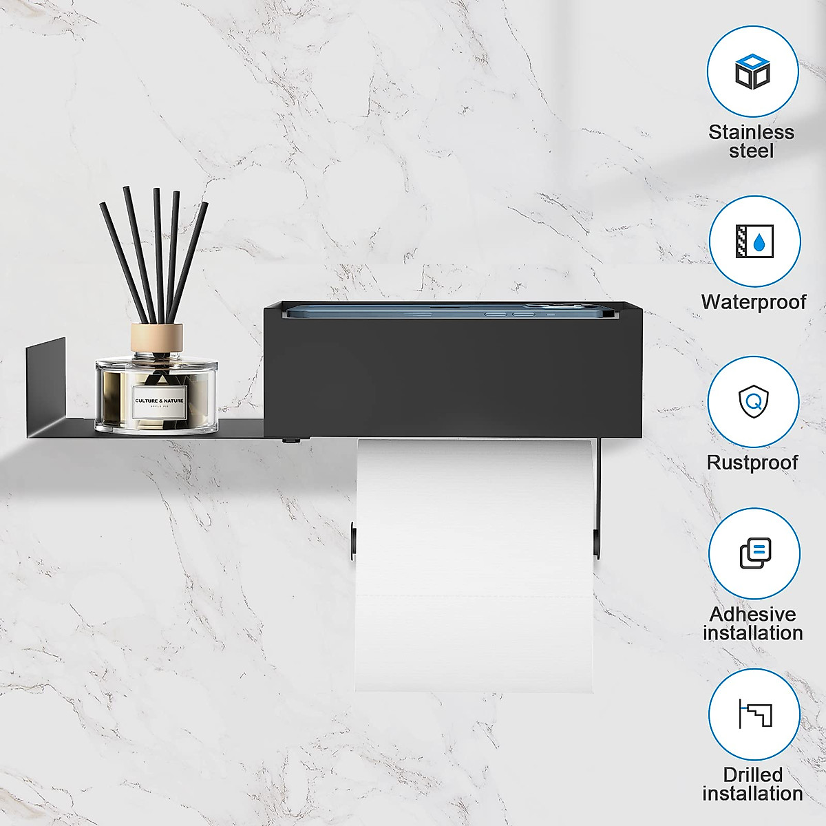 Toilet Paper Holder with Shelf, FUNLEU Flushable Wipes Dispenser for Bathroom, Self Adhesive Toilet Paper Holder with Storage - Stainless Steel Toilet Holder Keep Wipes Hidden Out of Sight, Black