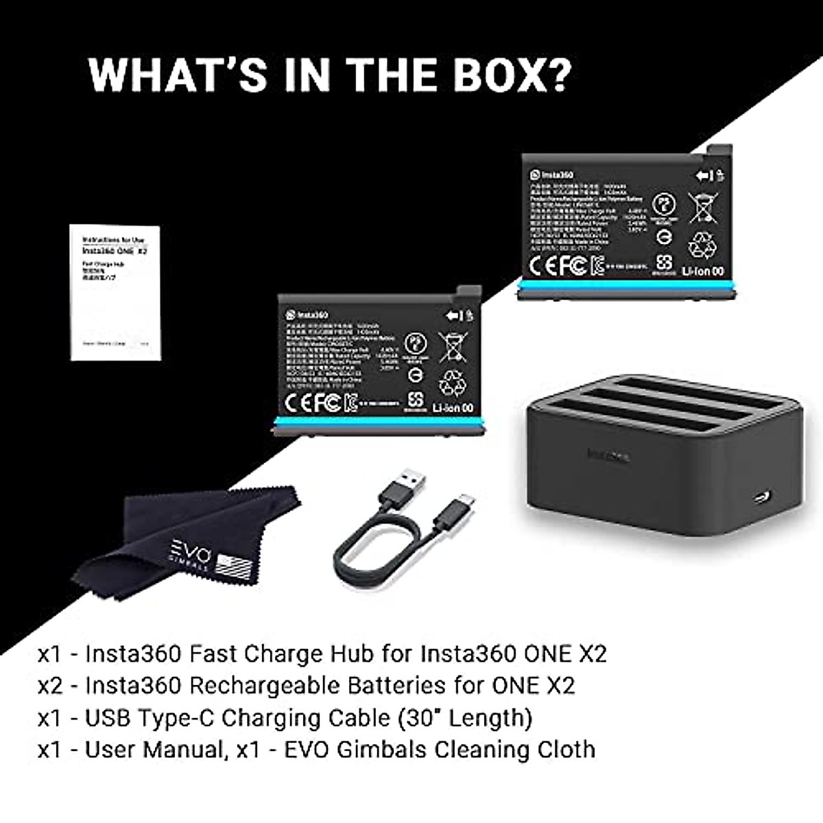 Insta360 ONE X2 Battery & Fast Charge Hub Bundle - Includes Fast Charge Hub + 2 Batteries (1630mAh) for Insta360 ONE X2 360 Camera (3 Items)