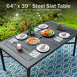 PHI VILLA 64" Large Metal Patio Dining Table Steel Rectangular Outdoor Table, Weather-Resistant Table with 1.77" Umbrella Hole for Lawn Backyard Garden, Black